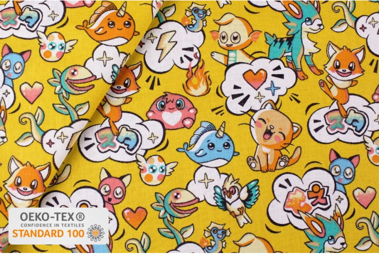 TISSU COTON PERSONNAGES CARTOON JAUNE