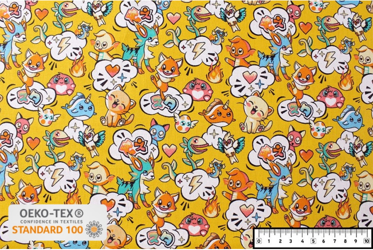 TISSU COTON PERSONNAGES CARTOON JAUNE